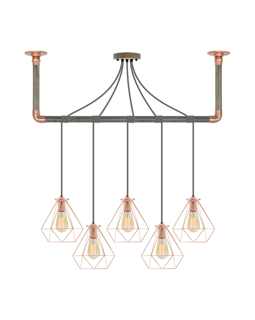 Wrap Chandelier: Grey, Copper and Copper Geometric Shade – Hangout Lighting